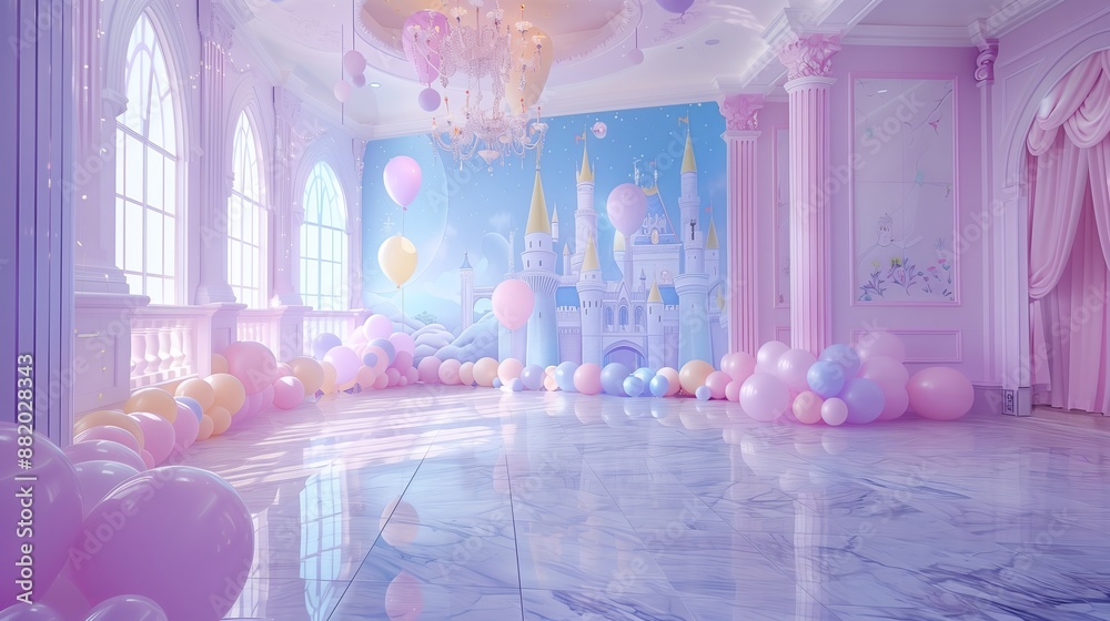 polished marble floor and a wall with a vibrant princess party scene ...