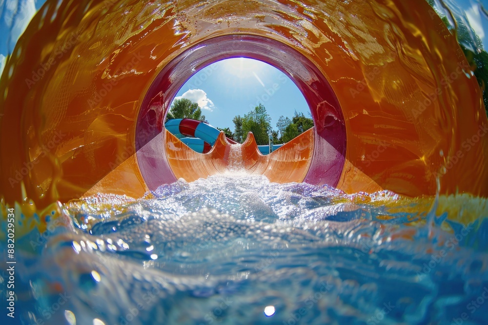 A colorful water slide with splashing water captured on a bright sunny ...
