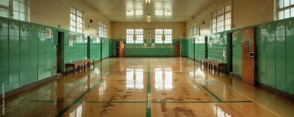 Eerie school locker room with broken lockers, damp floors, and a sense ...