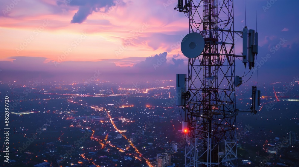 A wireless communication tower transmitting data to a network of ...