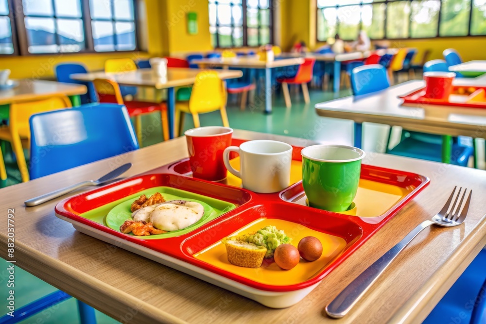 Empty school cafeteria table setting with lunch tray, cartoon-themed ...