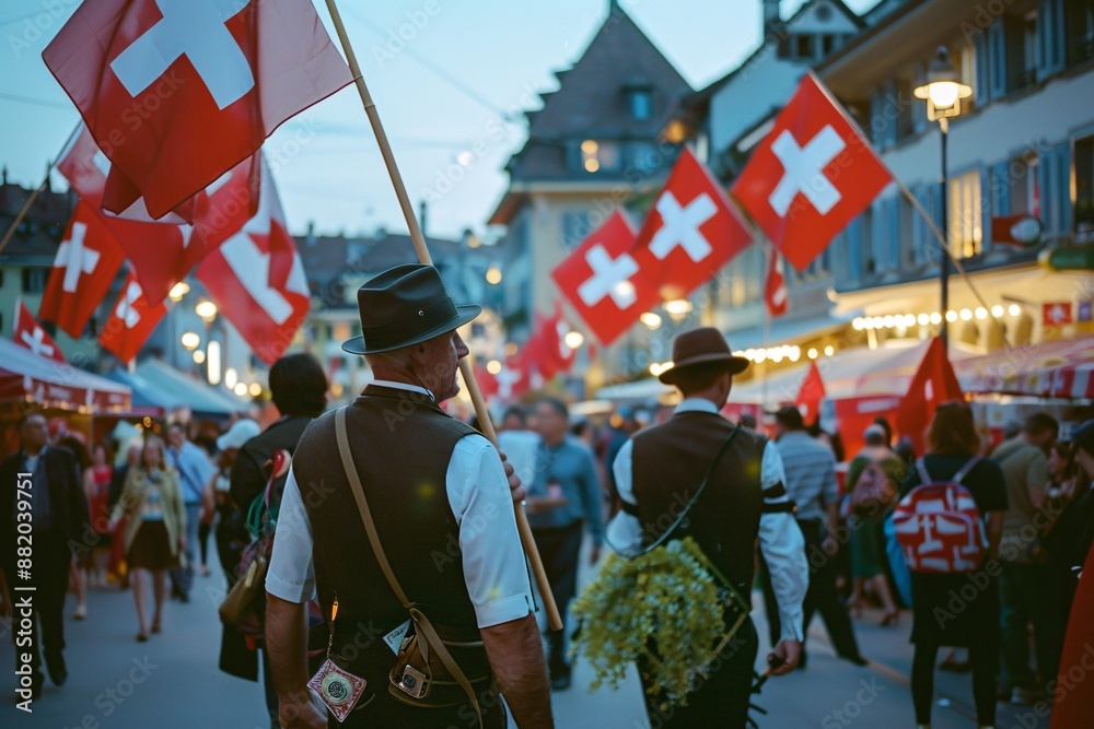 Traditional Swiss festival with people in traditional attire, numerous ...
