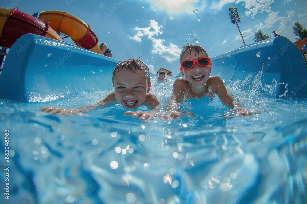Two boys slide down a waterslide together, their happiness and ...