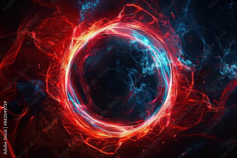 abstract digital art glowing red plasma ring with swirling particles ...