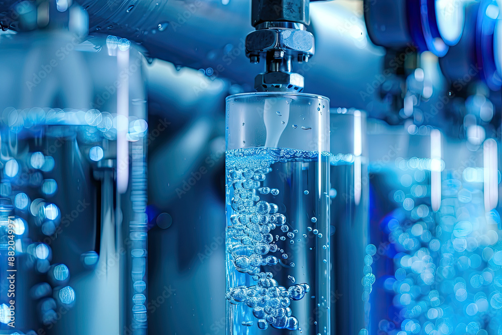 Detailed view of a reverse osmosis system purifying water ...