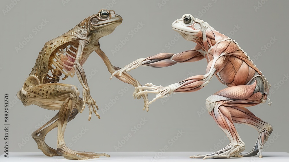Artistic rendering of comparative anatomy, human and frog muscular ...