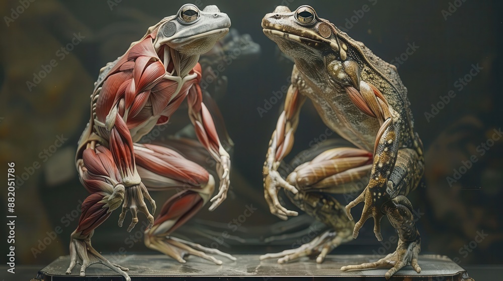 Artistic rendering of comparative anatomy, human and frog muscular ...
