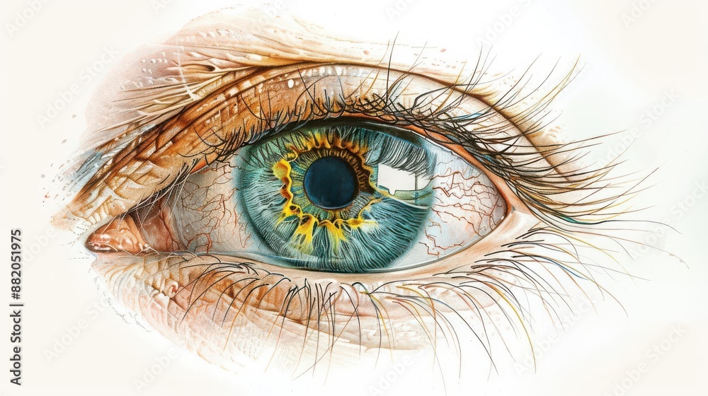 Artistic rendering of human eye anatomy, labeled eye components ...