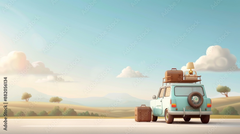 Cartoon-style road trip scene with a vintage car, suitcases, and scenic ...