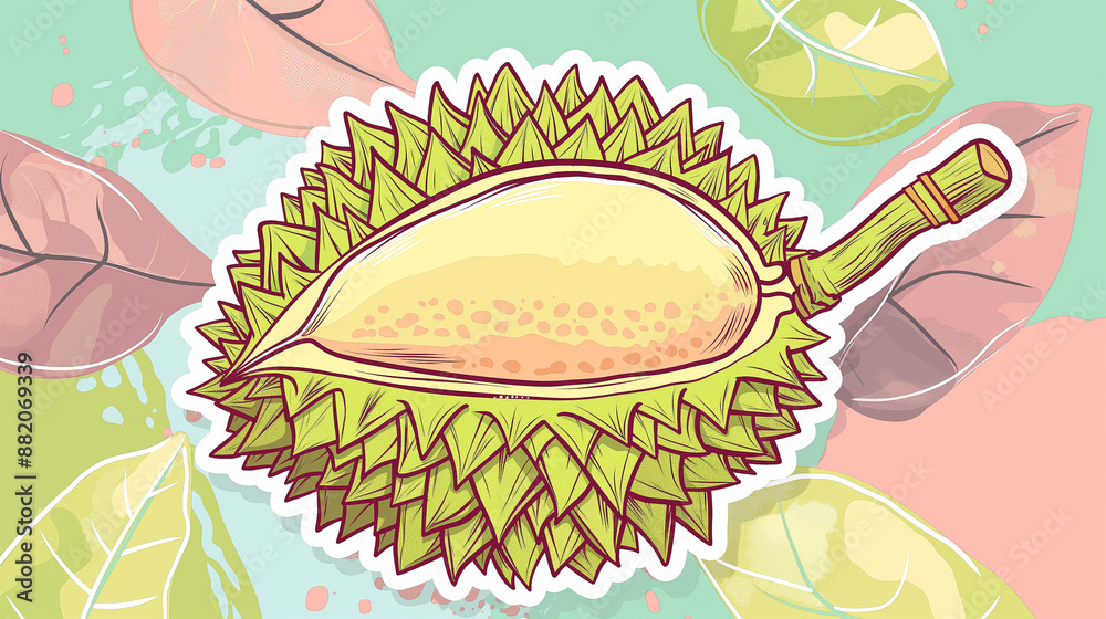 Sticker Design, Cartoon Style of durian fruit with leaves and half open ...
