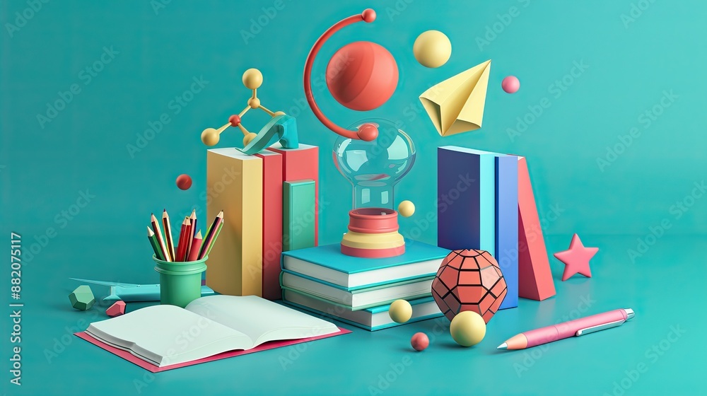 Education AI curriculum flat design side view theme syllabus 3D render ...