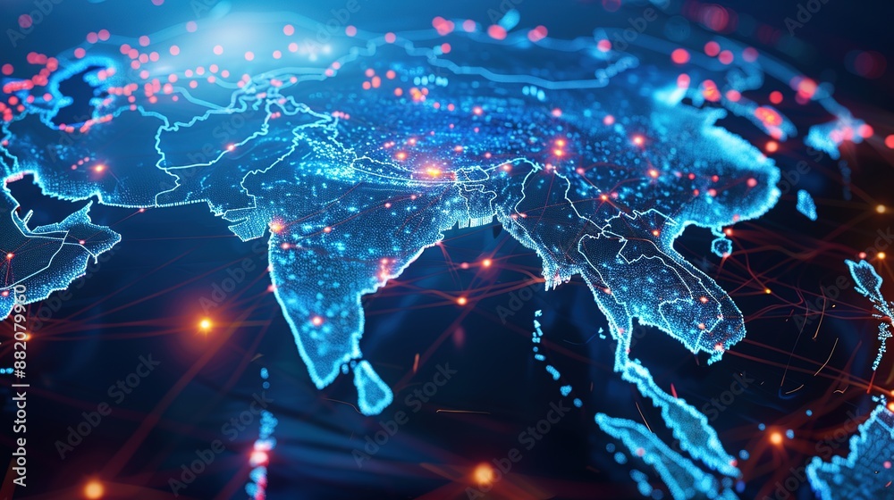 Digital map of China and India, concept of Asian global network and ...