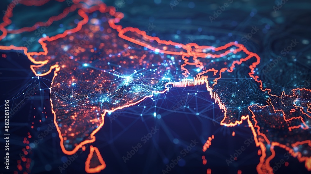 Digital map of India, concept of South Asia global network and ...