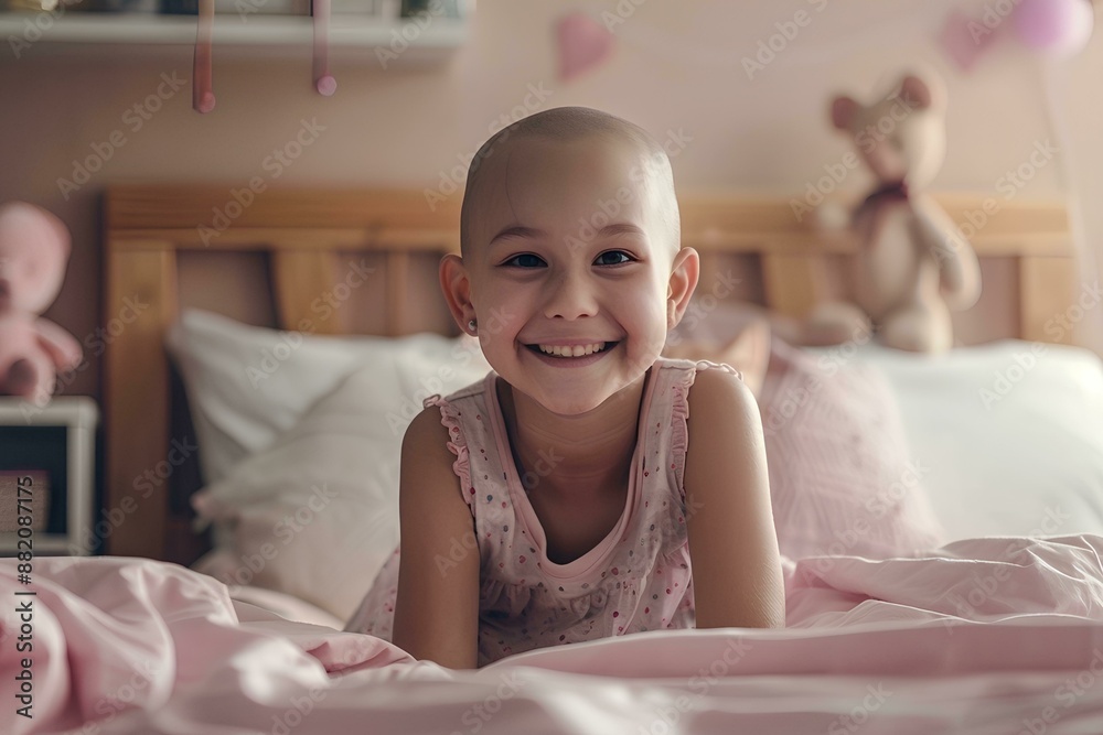 Cute cancer patient smiling in a hospital room, wearing a pink gown and ...