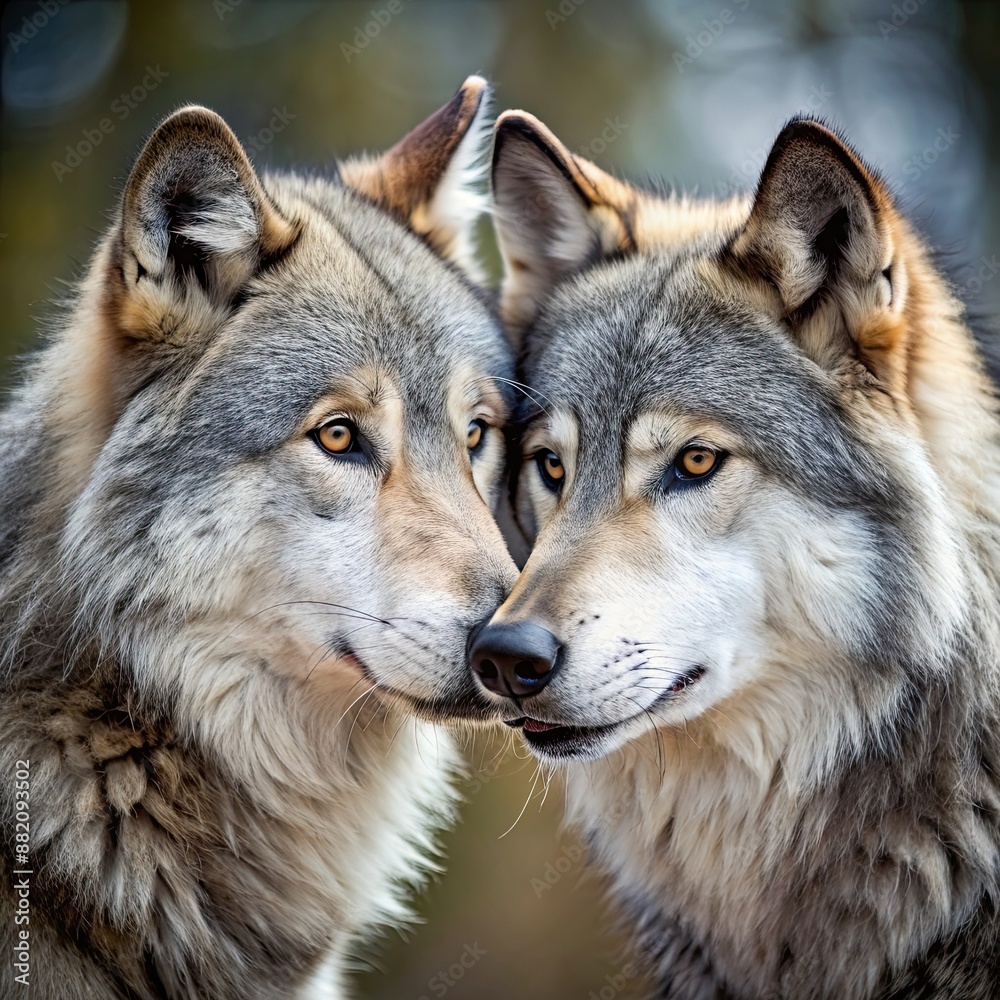 Two gray wolves touching noses in the grizzle and wolf rescue center ...