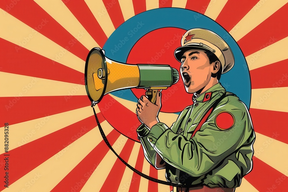 Vintage propaganda poster with a uniformed person shouting through a ...