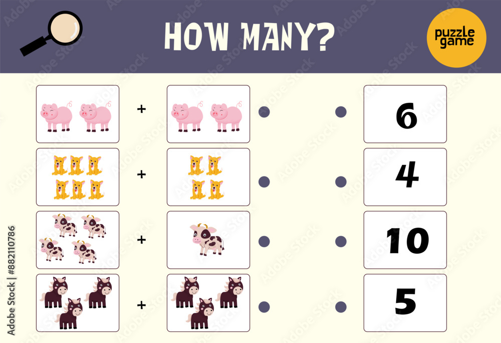 How many game with farm animals. Math worksheet activity for preschool ...
