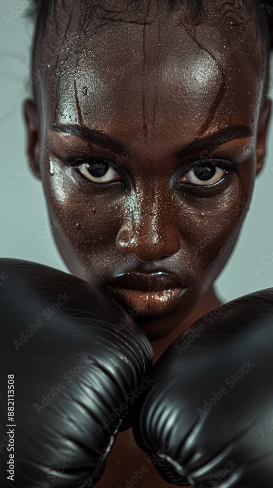 Boxing gloves and studio portrait of woman for sports, tough muscles ...