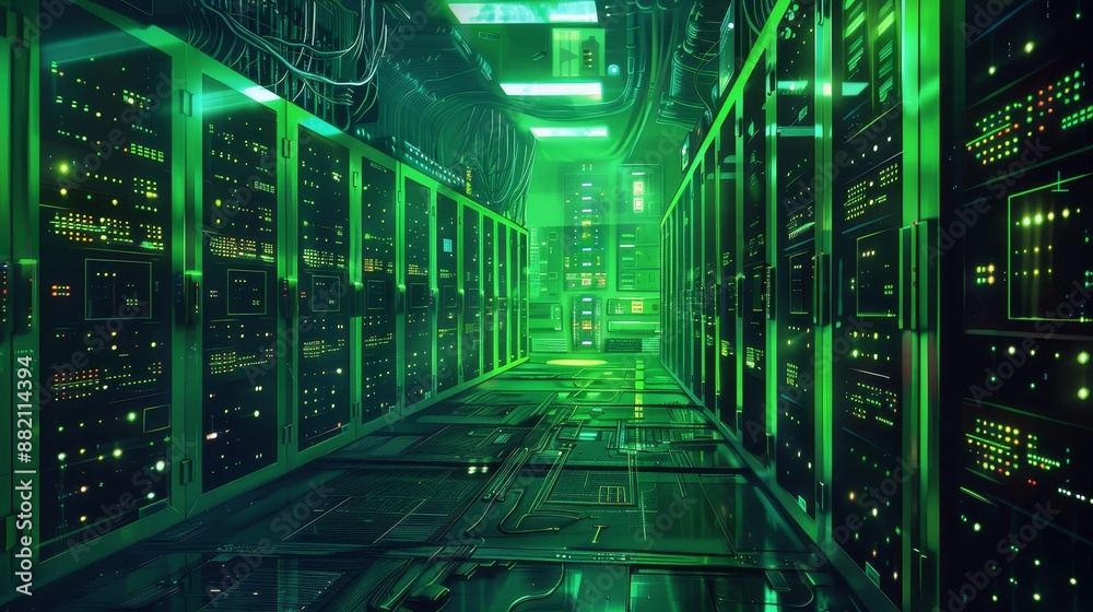 Data center interior with green glow supercomputer and control panel in ...