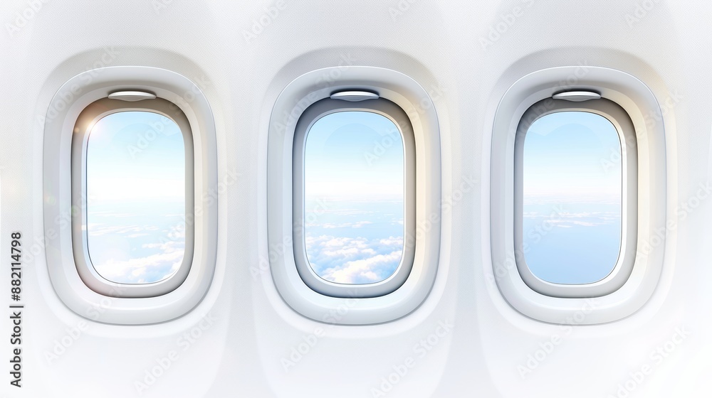An interior view of an open, closed, and ajar plane window in flight. A ...