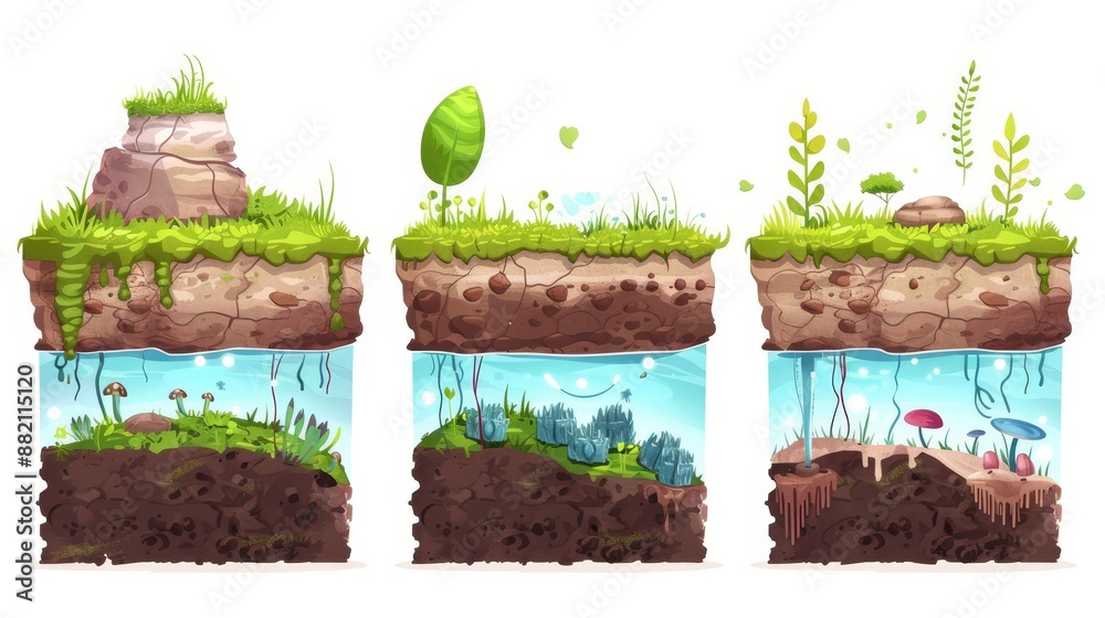 An underground texture set of soil, sand in deserts, sea water waves ...