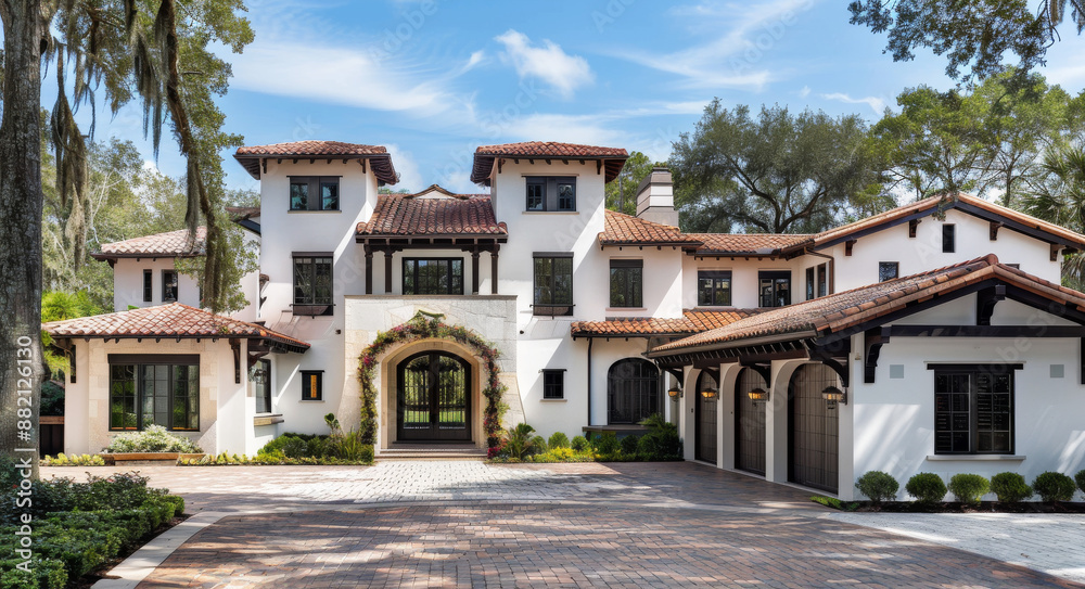 A white stucco home with dark wood accents, Spanish colonial style ...