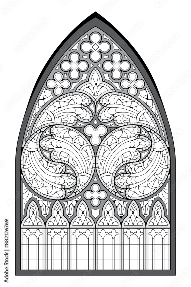 Gothic stained glass window from French church. Black and white drawing ...