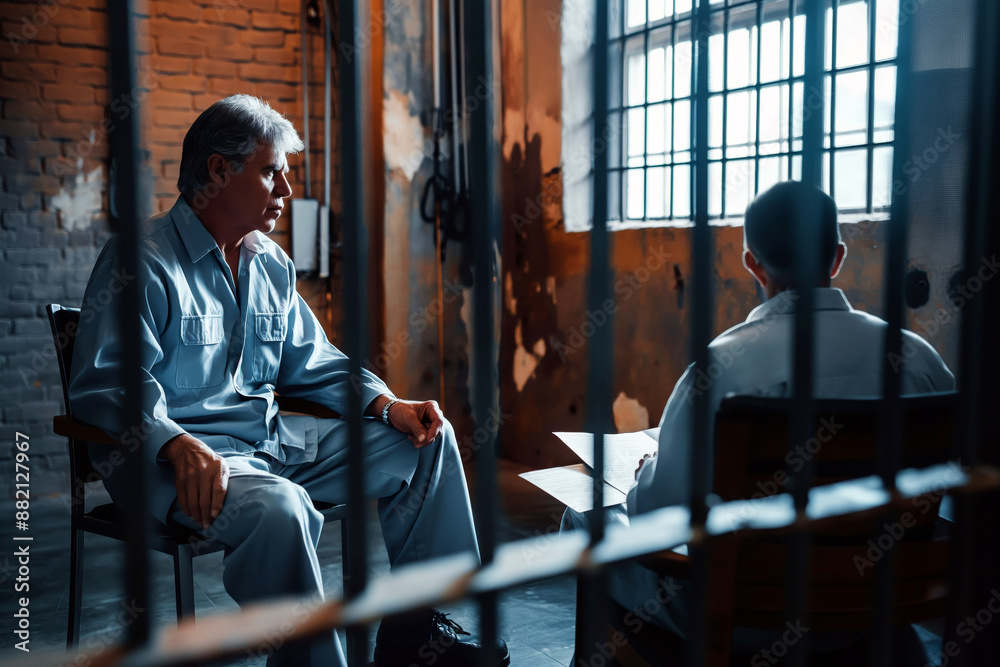 A prison inmate meeting with their defense attorney in a visiting room ...