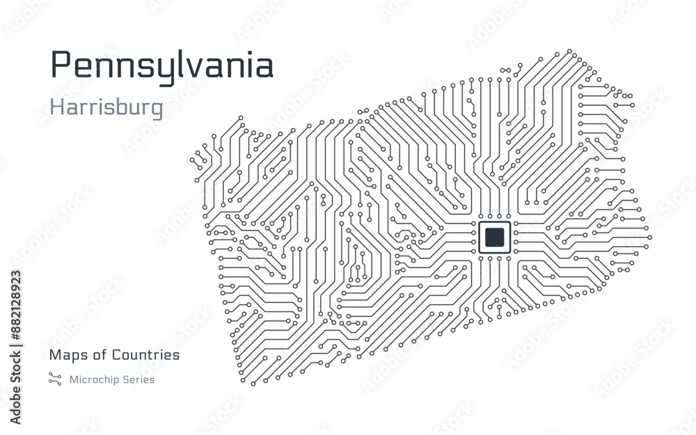 Pennsylvania Map with a capital of Harrisburg Shown in a Microchip ...