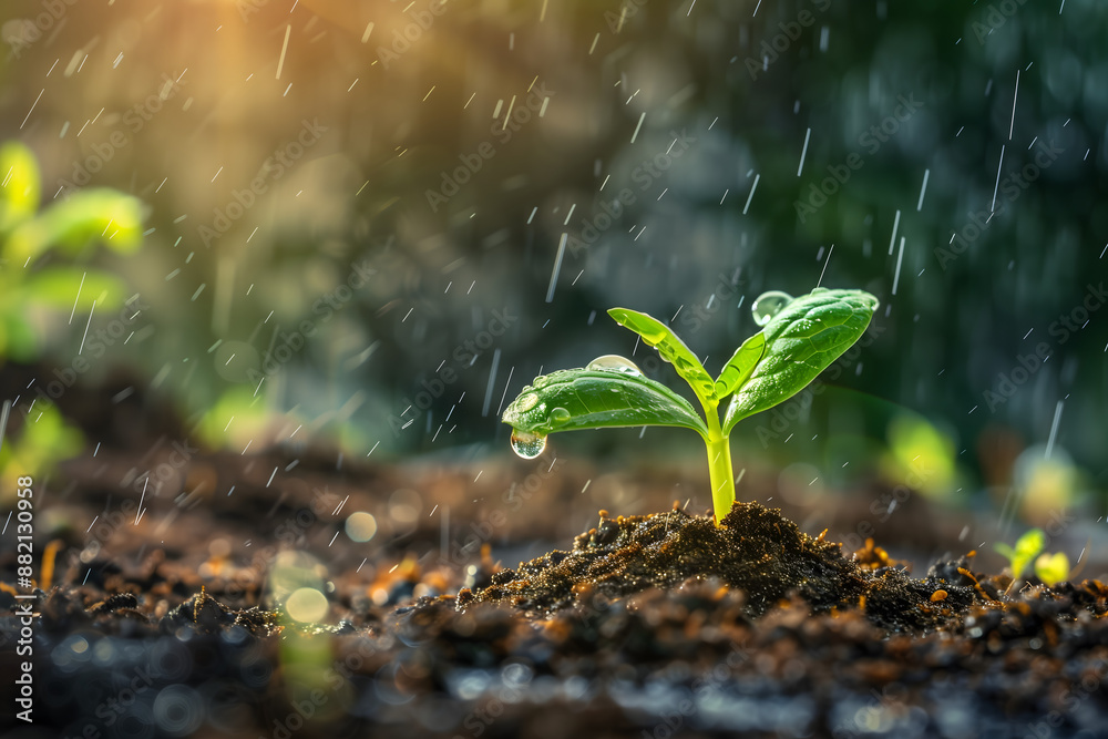 Small green sprout emerges from soil raindrops falling blurred ...