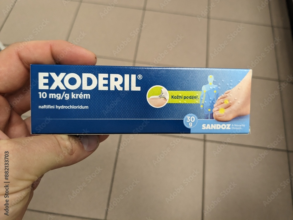 Prague, Czech Republic - July 10 2024: EXODERIL box of medication with ...