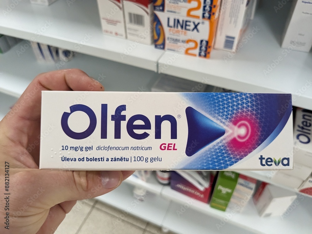 Prague, Czech Republic - July 10 2024: OLFEN GEL box of medication with DICLOFENAC active ...