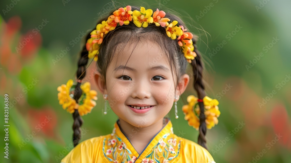 Adorable Little Girl in Traditional Chinese Clothing with Flower Crown ...