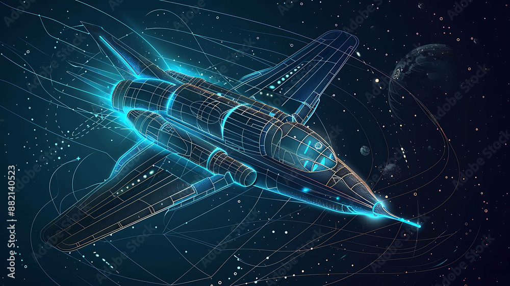 This is an illustration of a spaceship. The spaceship is blue and has a ...