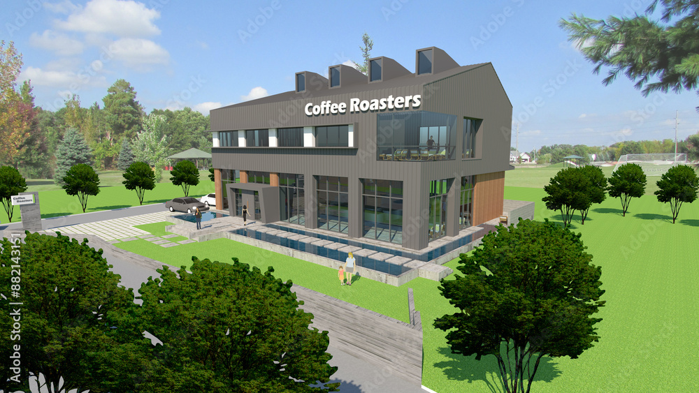 house in the garden, Architectural perspective illustration of a two ...