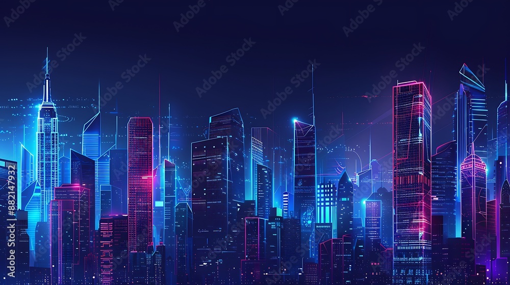 City lights at night. A beautiful cityscape with skyscrapers and bright ...