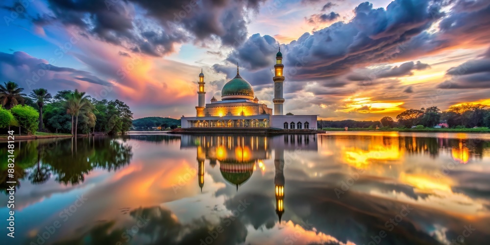 Mosque Reflection in Sunset Sky, Landscape, Mosque, Reflection, Sunset ...