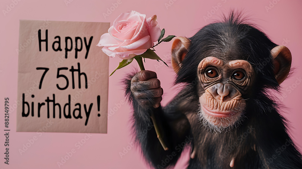 A charming monkey holds a rose and a card reading "Happy 75th Birthday ...