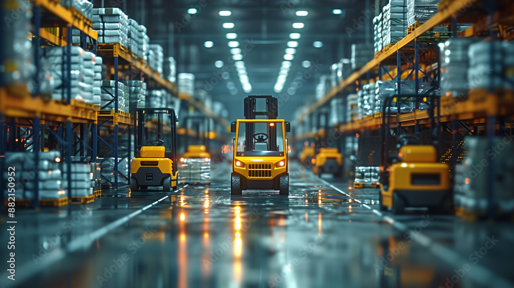 Industrial Scene Featuring A Fleet Of Forklifts In A Warehouse Show