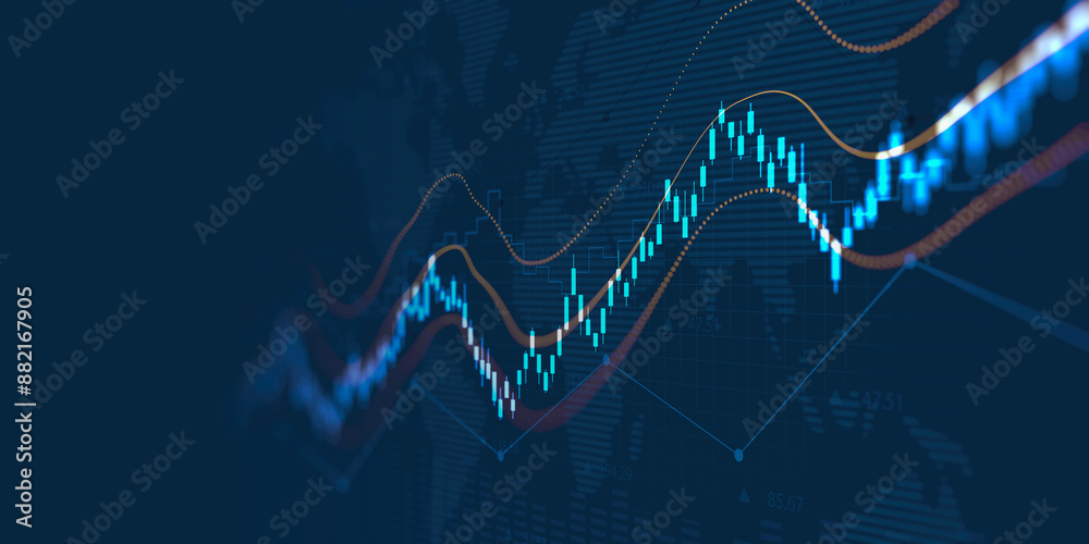 forex financial chart with uptrend line graph and world map on blue ...