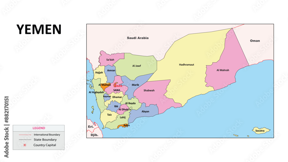 Yemen Map. State and union territories of Yemen with neighbouring ...