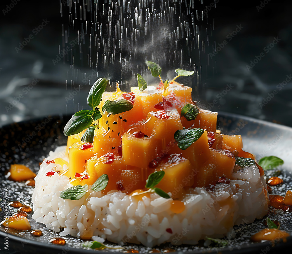 Delicious Thai mango sticky rice, sweet aroma of ripe mangoes and ...