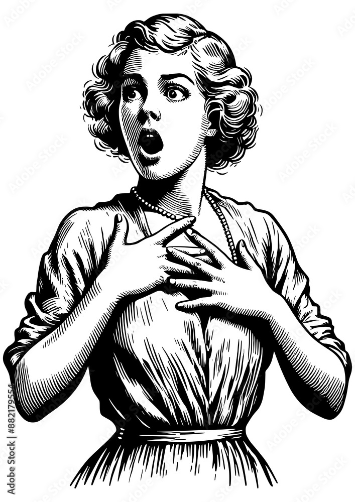 woman with a shocked expression, hands on chest, capturing surprise and ...