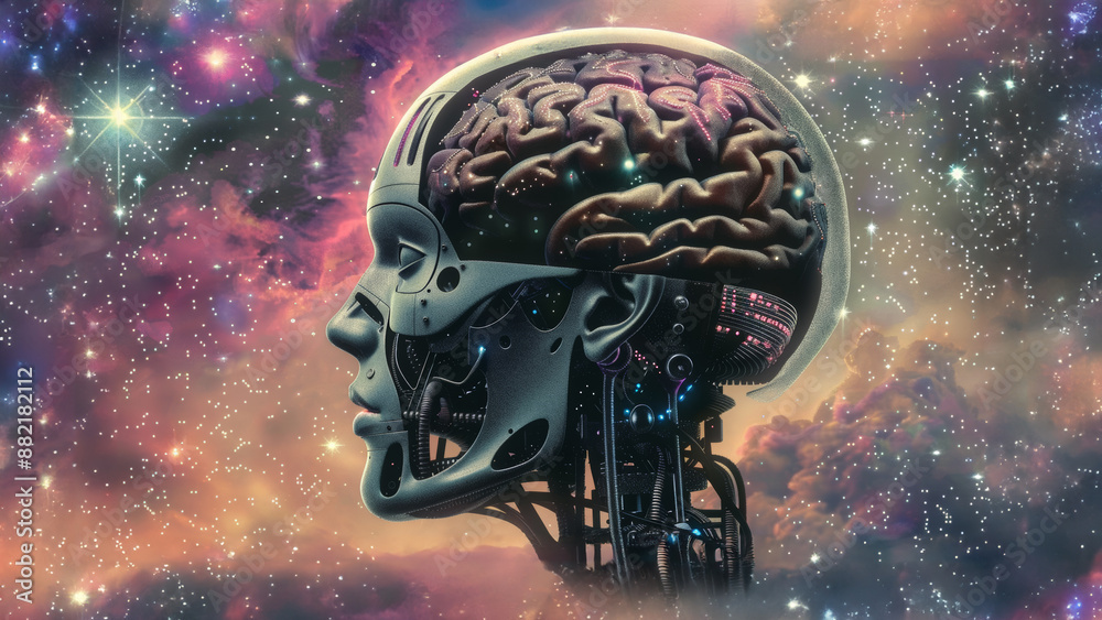 Robot with a human brain head open to reveal inside skull floating in ...