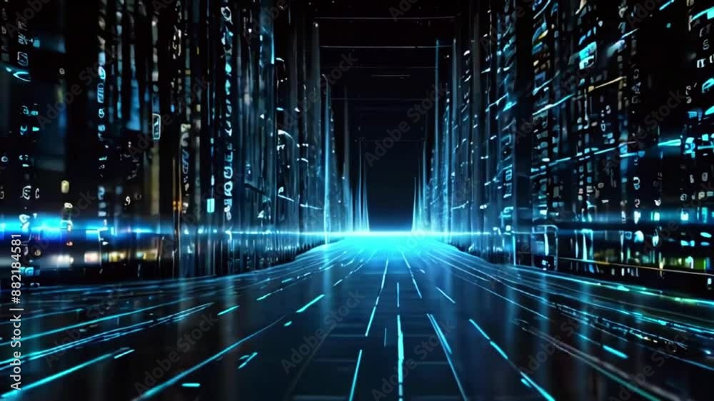 A massive stream of binary code and data packets flowing futuristic ...