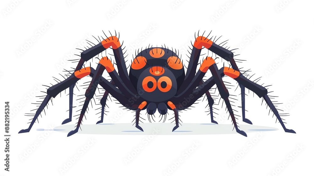 Cartoon black spider with orange legs and eyes on white background ...