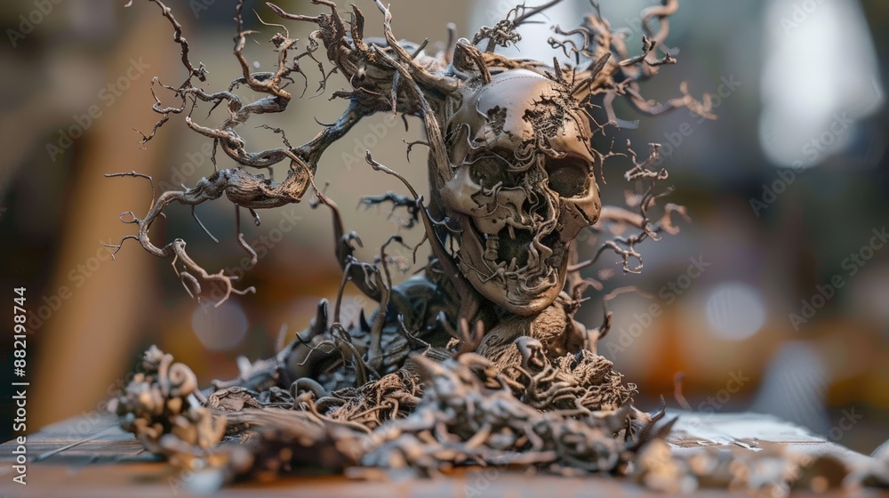 A skull with tree branches growing out of it, the branches are twisted ...