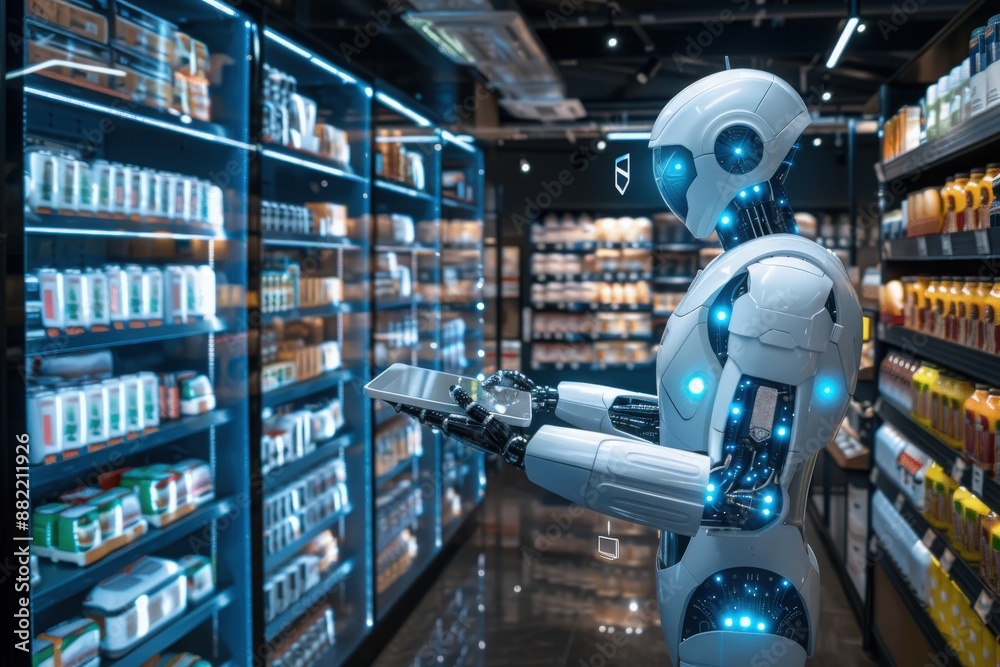 A humanoid robot navigates the aisles of a grocery store, using a ...