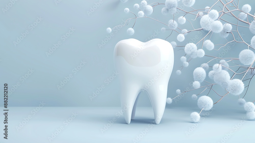 Realistic tooth, tree branches with white flowers on background, soft ...