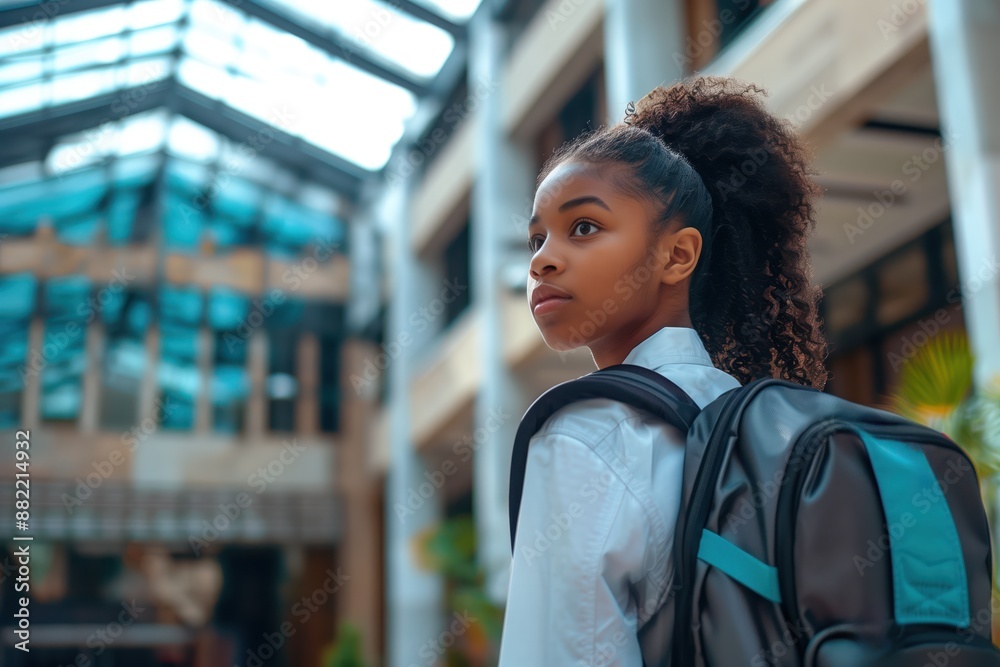African American teen girl in school uniform goes back to school with ...